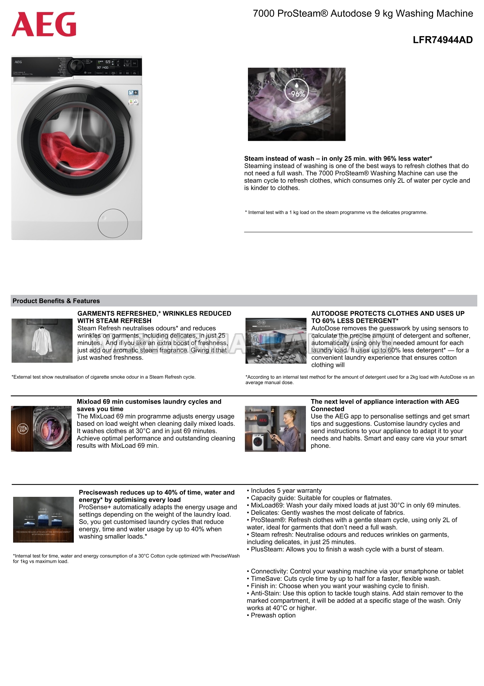 AEG LFR74944AD 7000 ProSteam Washing Machine Specifications Sheet