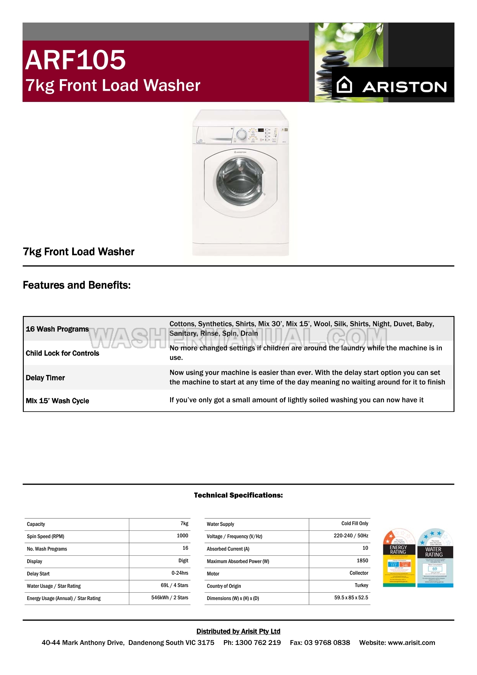 Ariston ARF105 Front Load Washing Machine Specifications Sheet