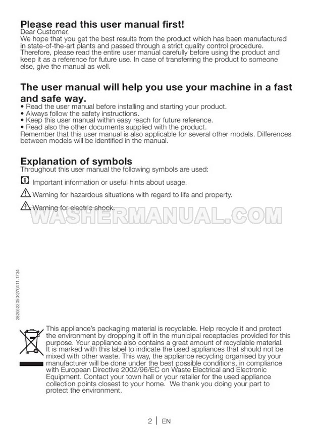 Beko WM74135W Front Load Washing Machine Installation & Operating ...