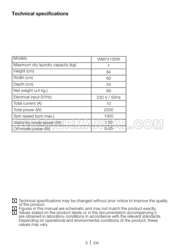 Beko WM74135W Front Load Washing Machine Installation & Operating ...