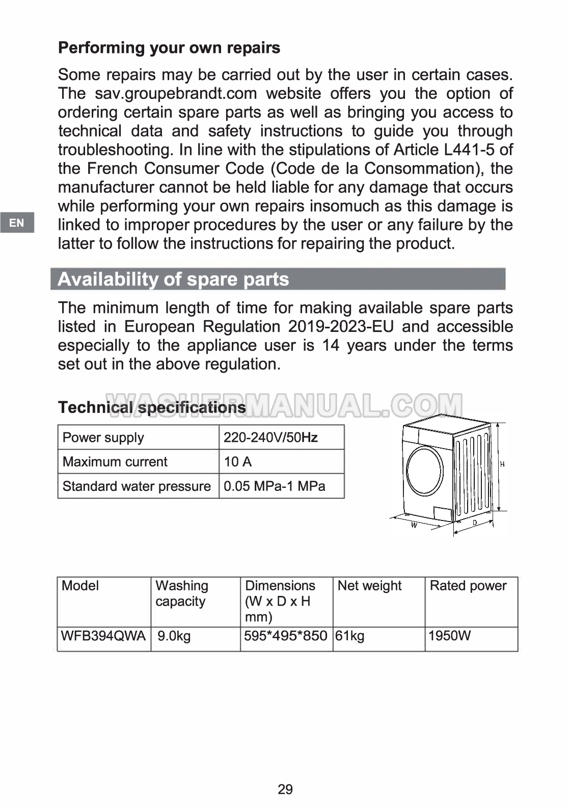 Brandt WFB394QWA Front Load Washing Machine Guide to Installation and Use