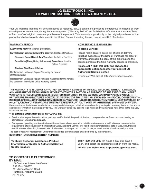LG WM0642HW Washing Machine User's Guide & Installation Instructions
