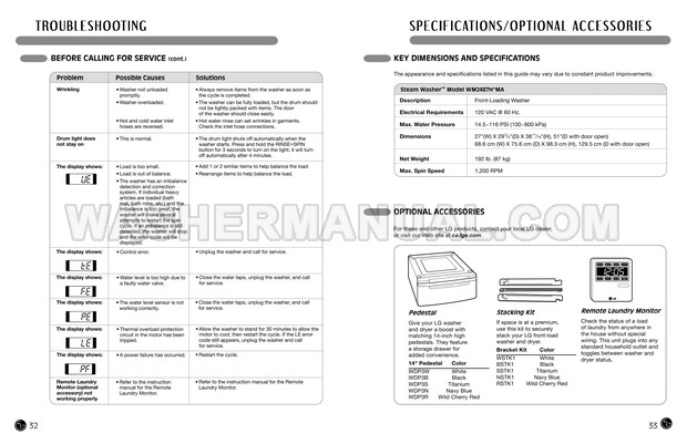 LG WM2487HRMA Front Load Washing Machine User's Guide & Installation ...