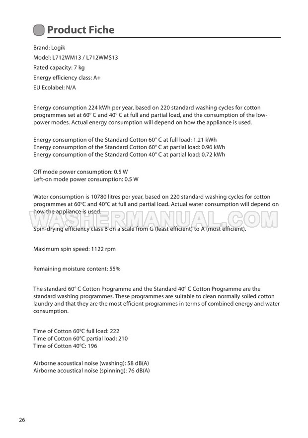 Logik L712WM13 Washing Machine Instruction & Installation Manual